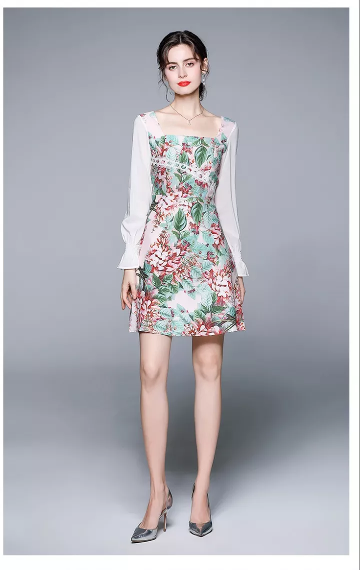 vestito abito donna boho bohemian bianco fiori verde slim cintura GIPSY ...